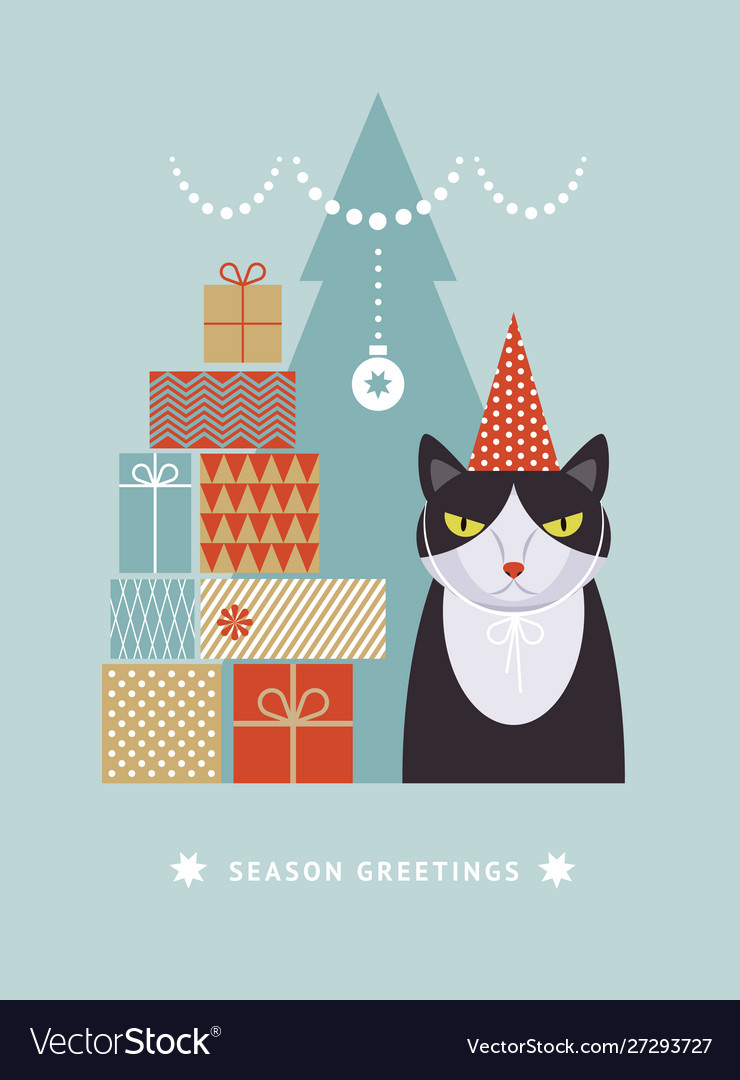 Cat in hat with gift boxes idea for greeting card Vector Image