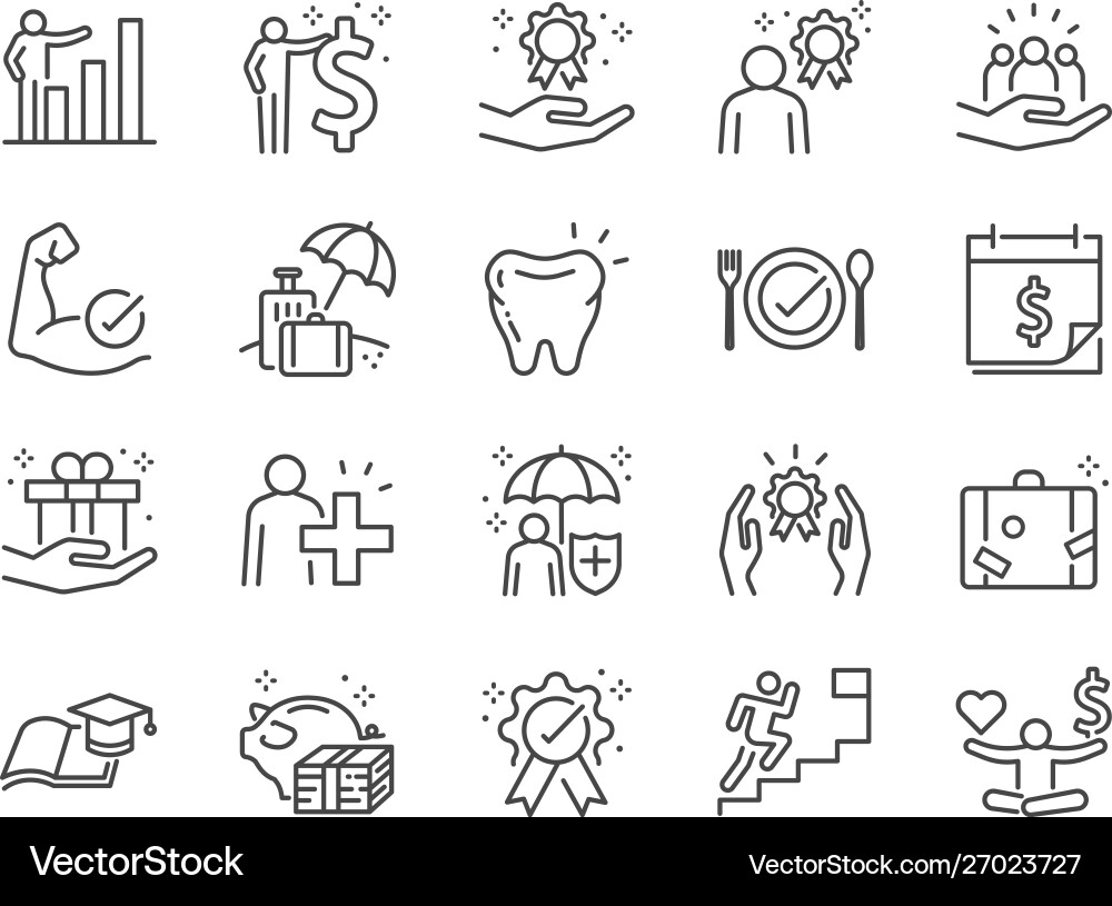 Employees benefits line icon set Royalty Free Vector Image