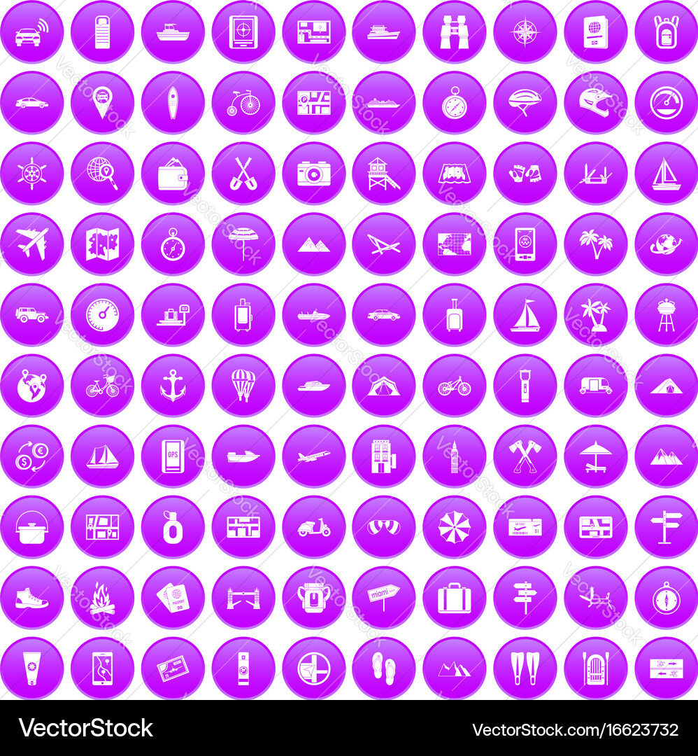 100 travel icons set purple Royalty Free Vector Image
