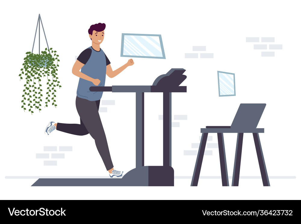 Athletic man running in machine with laptop online
