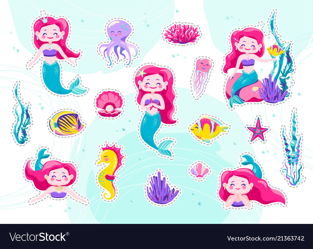 Mermaid cute stickers cartoon little princess Vector Image