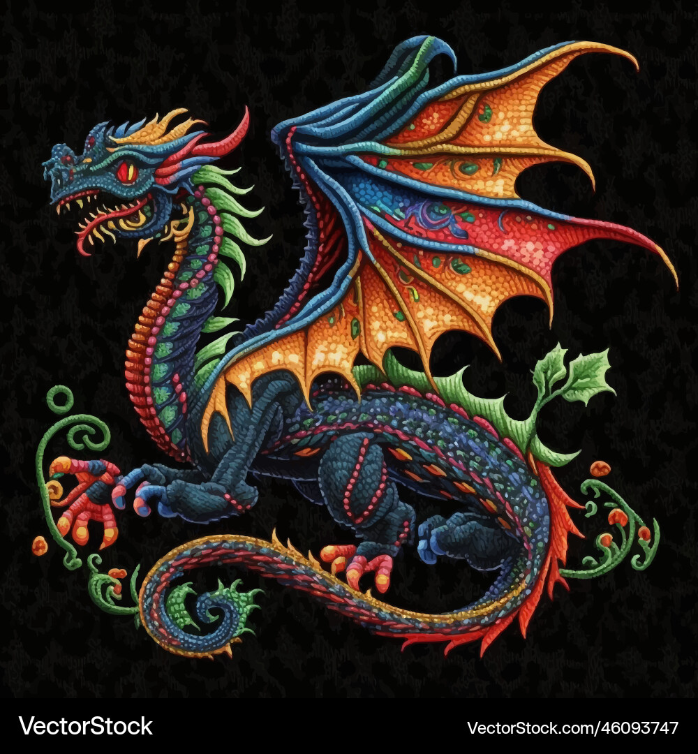 Colorful textured embroidery flying dragon Vector Image