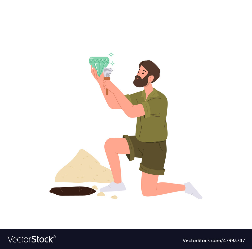 Man archeologist treasure hunter finding gem stone Man archeologist treasure hunter finding gem stone