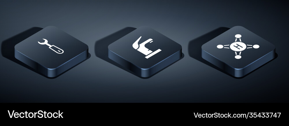 Set isometric wrench spanner water tap and icon Vector Image