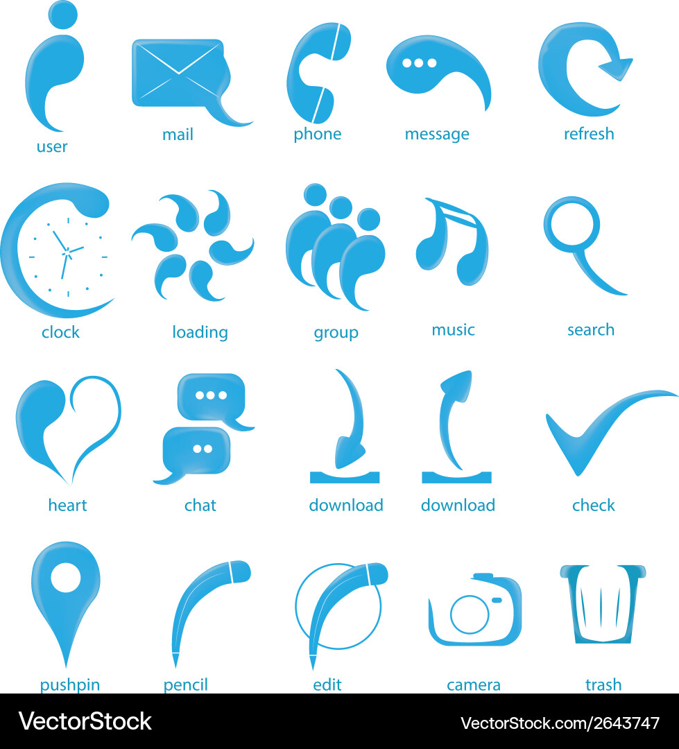Twenty different icons for web pages in blue color