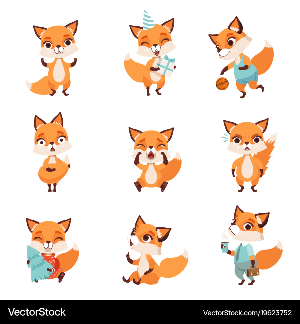 Cute little foxes showing various emotions Vector Image
