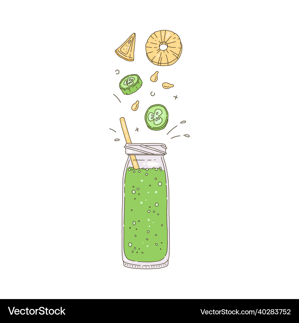 Glass bottle with drinking straw and green Vector Image