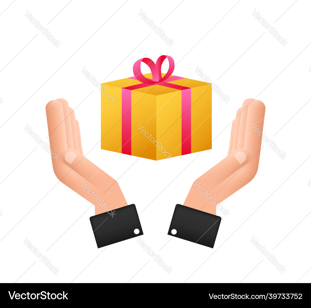Gold prizes box in amazing style hands present Vector Image