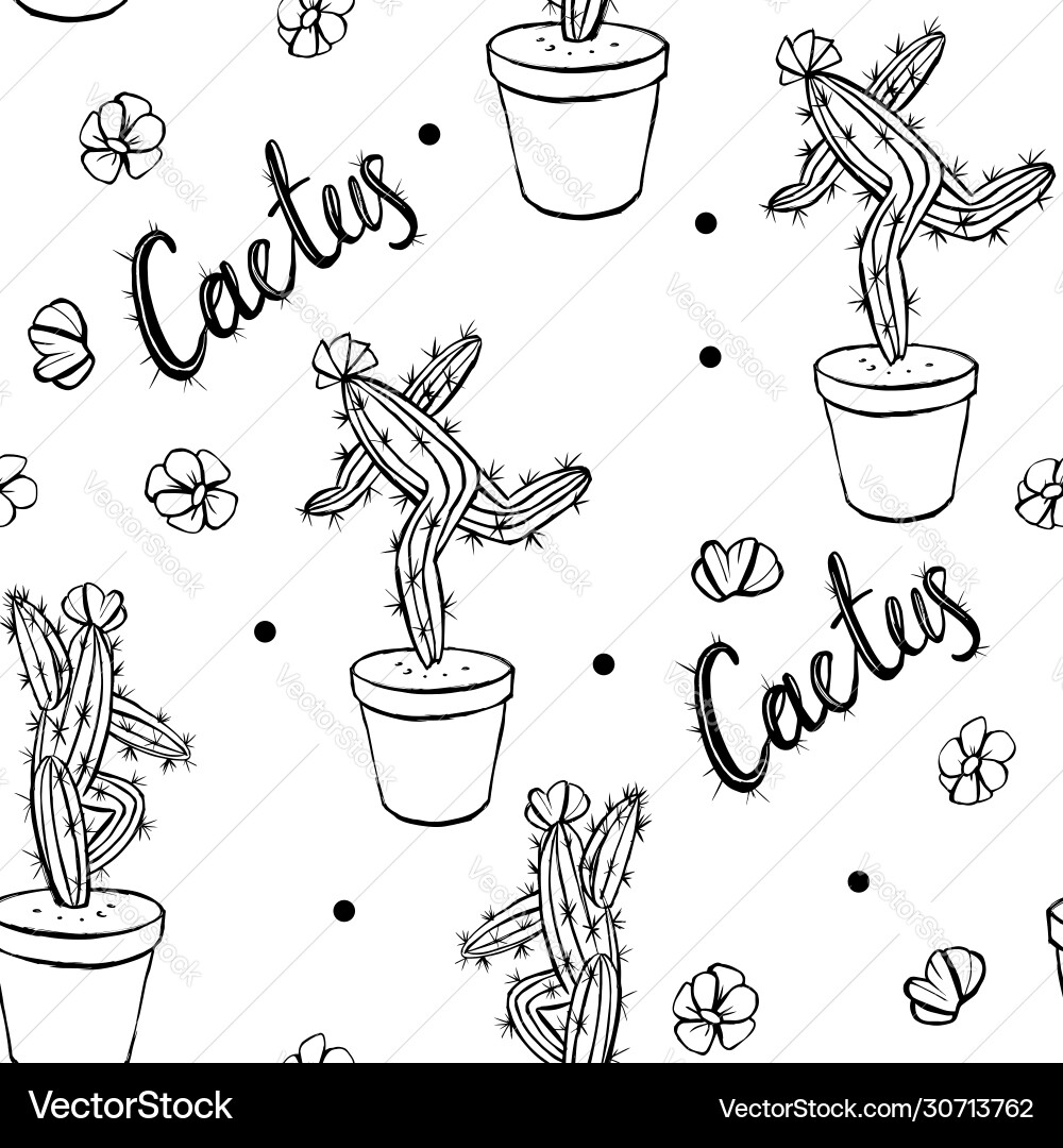 Dancing cactus in a pot sketch black on white Vector Image