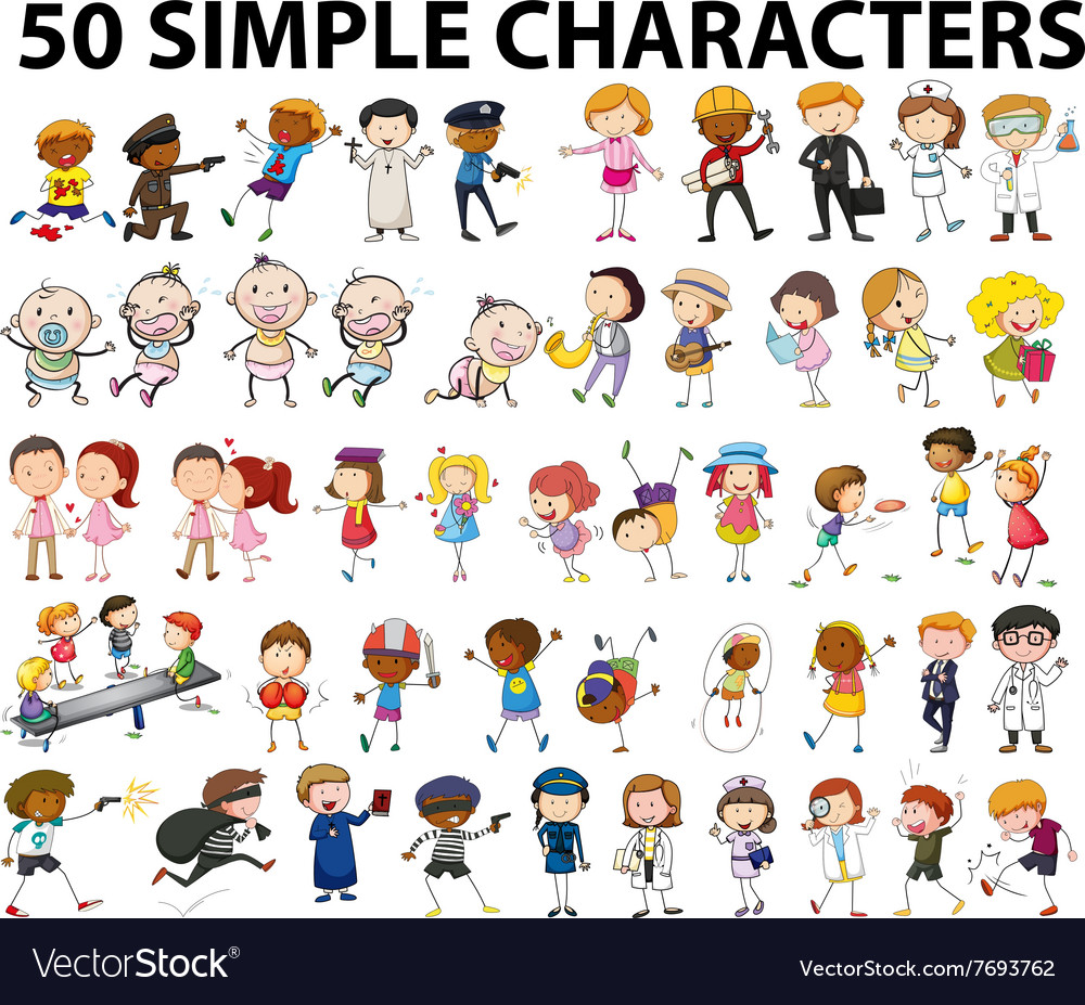 Fifty simple characters doing different things Vector Image