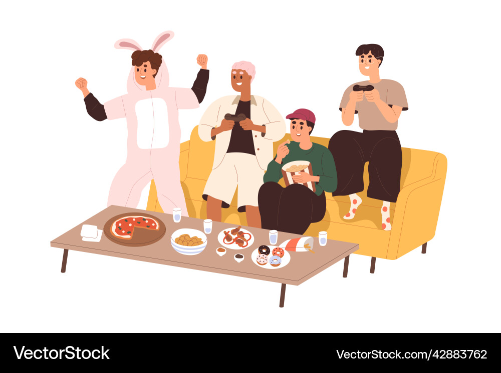 Happy friends gathering playing video game Vector Image