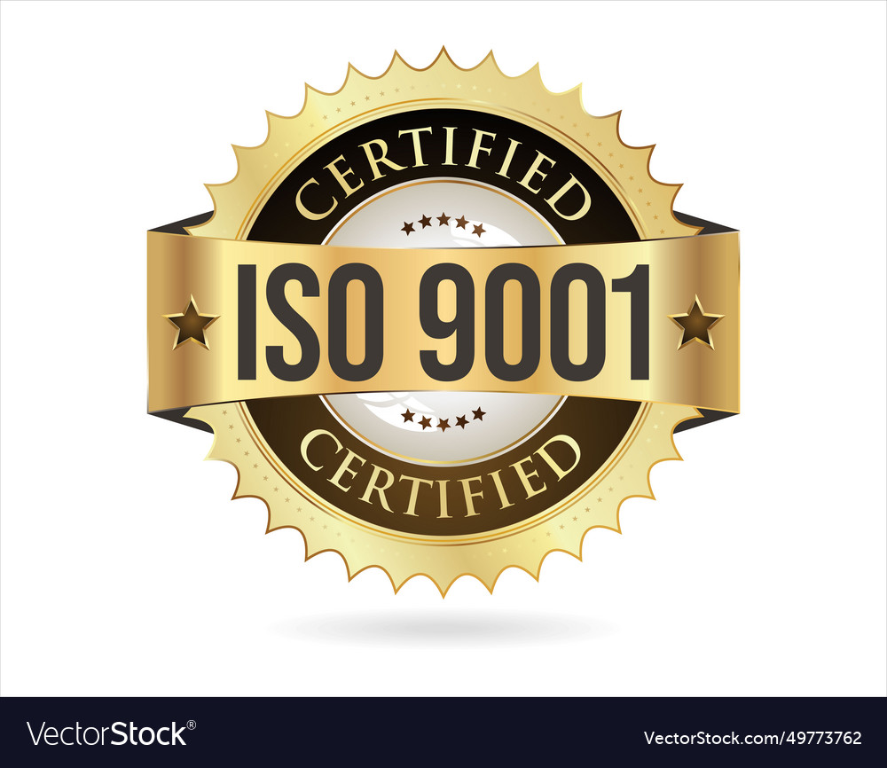 Iso 9001 certified golden badge on Royalty Free Vector Image