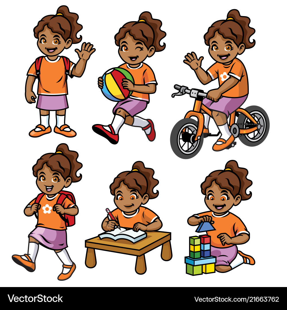 Student girl set in various pose and activity Vector Image