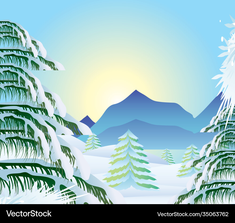 Winter landscape pine trees with snow mountains Vector Image