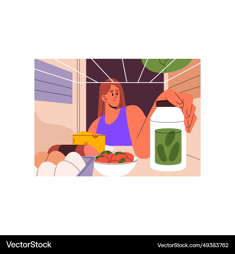 Young woman looking in full fridge inside view Vector Image