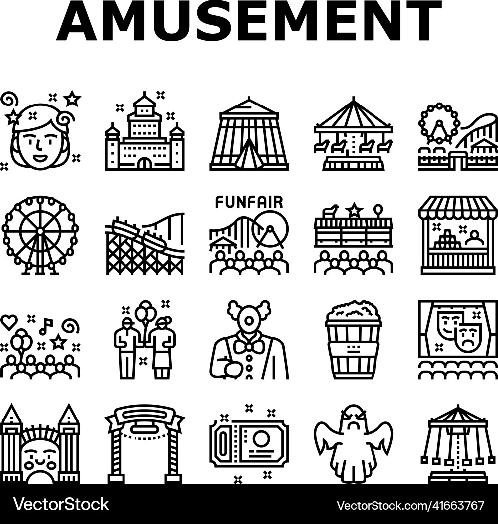 Amusement park entertainment icons set Royalty Free Vector