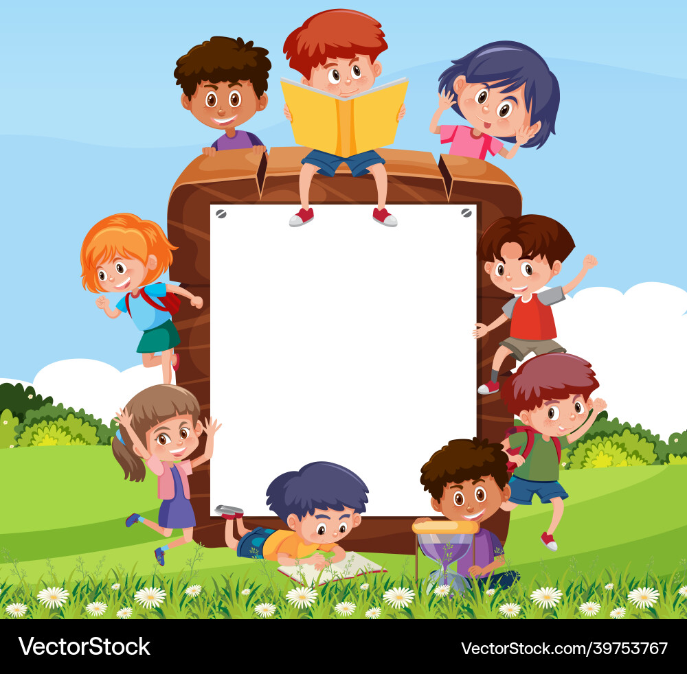 Empty wooden frame with student kids cartoon Vector Image