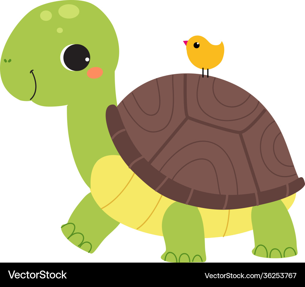 Happy green turtle walking with bird sitting on Vector Image