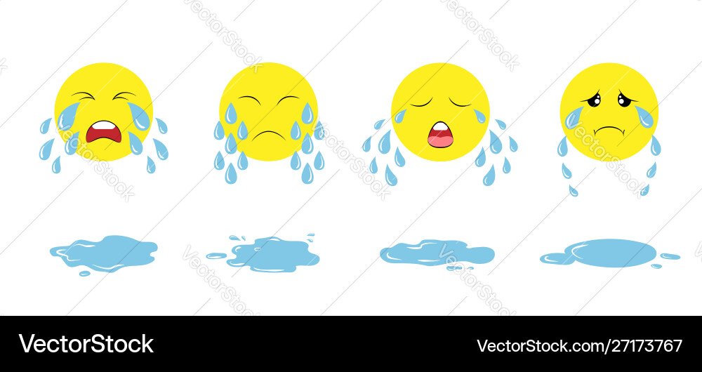 Set cartoon crying emoji faces with tear drops Vector Image