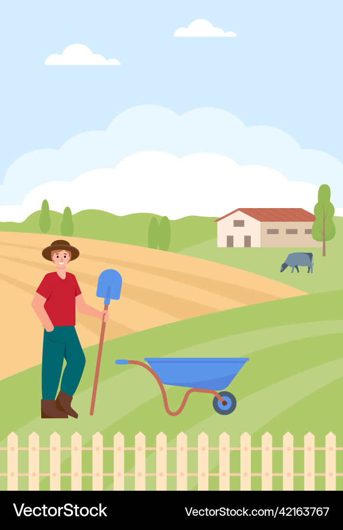 Young happy farmer with work tools on farmland Vector Image