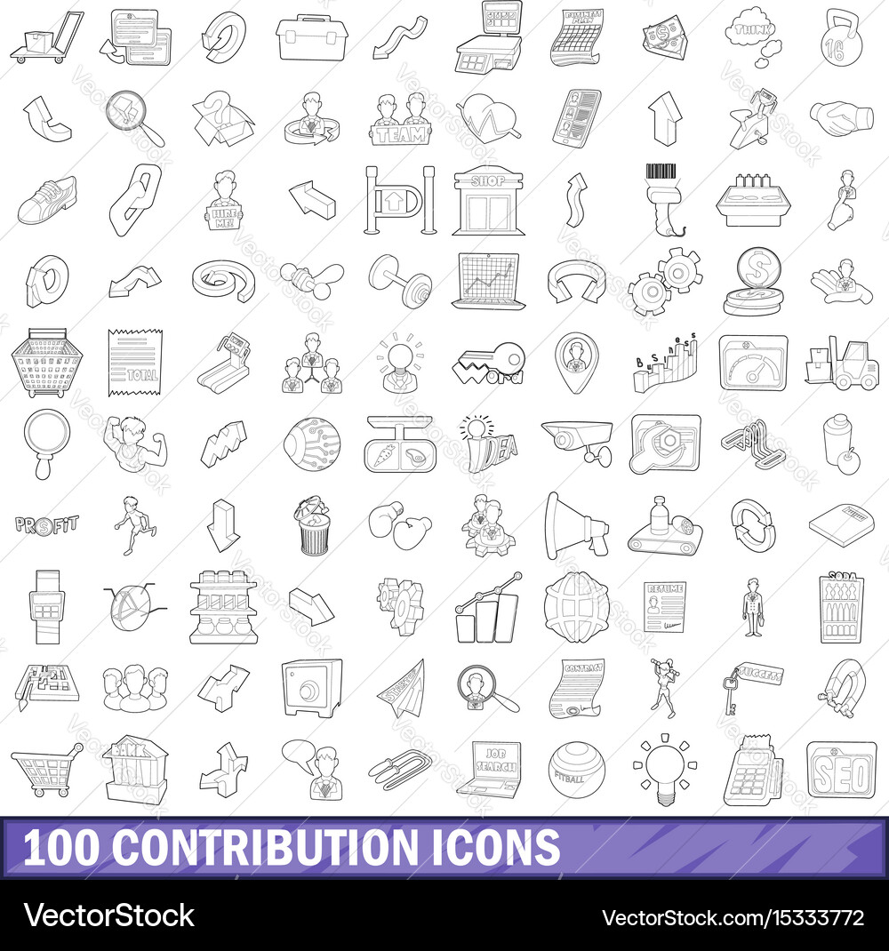 100 contribution icons set outline style Vector Image