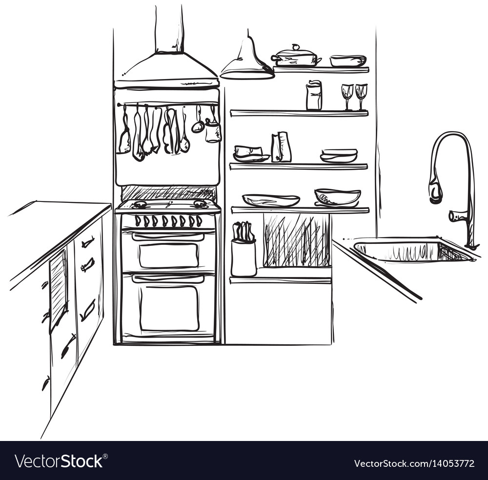 Kitchen interior drawing Royalty Free Vector Image