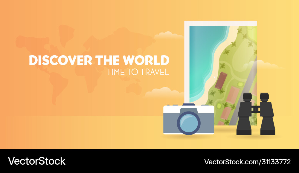Time to travel banner with map camera Royalty Free Vector