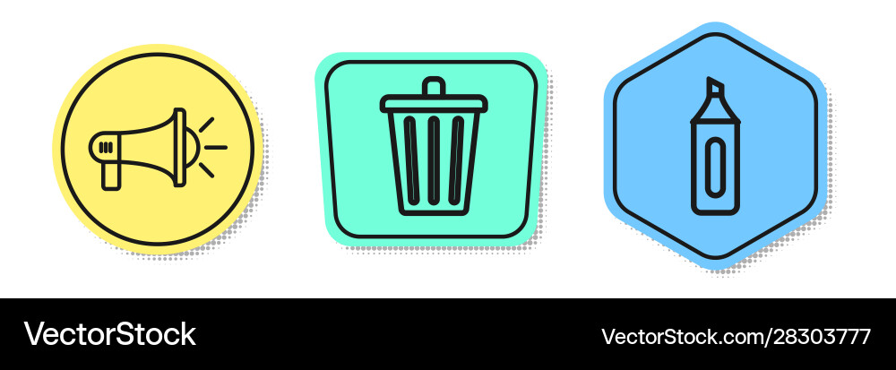 Set line megaphone trash can and marker pen Vector Image