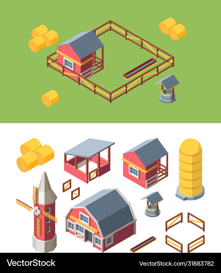 Farm buildings isometric set warehouse storing Vector Image