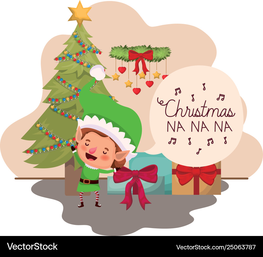 Elf with christmas tree and gifts Royalty Free Vector Image