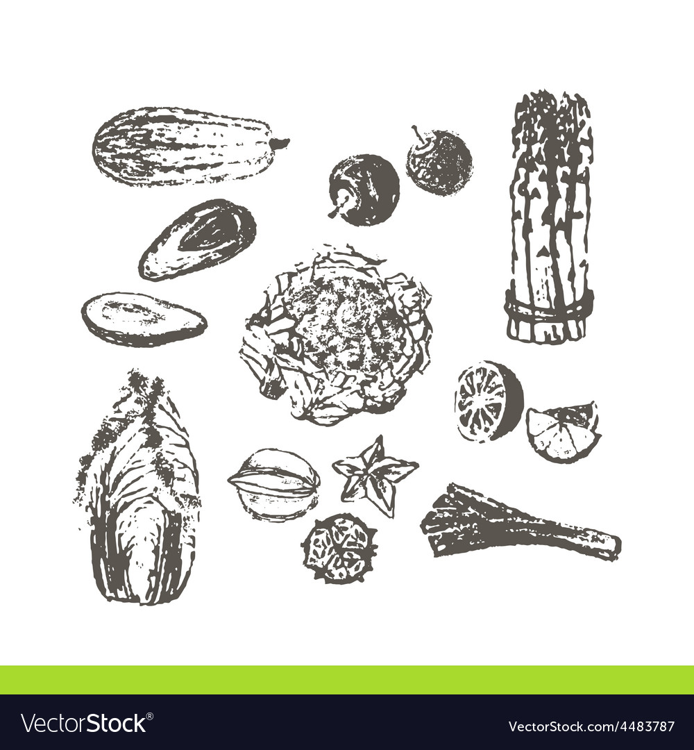 Ink hand drawn fruits and vegetables set Vector Image