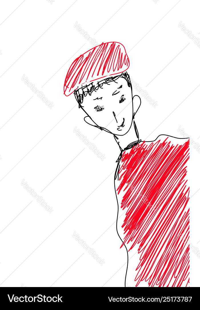 Sketch drawing a guy in a red hat or color Vector Image
