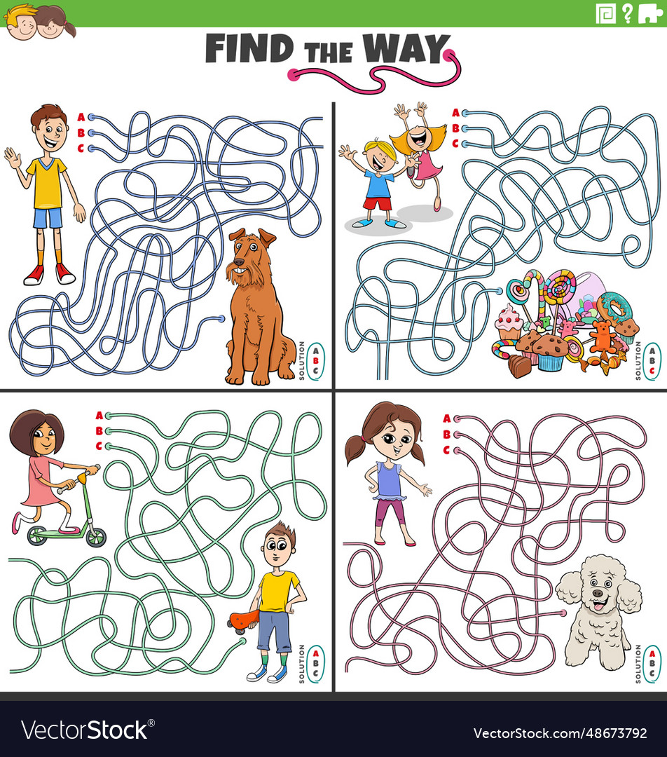 Find the way maze games set with children Vector Image