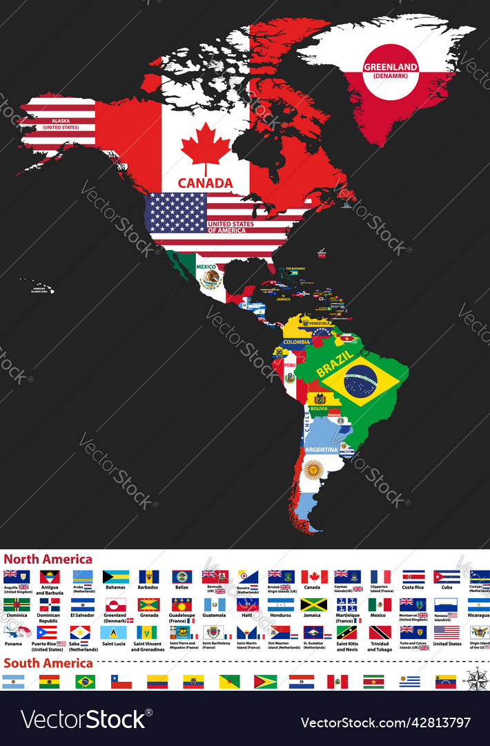 North and south america map combined with flags Vector Image