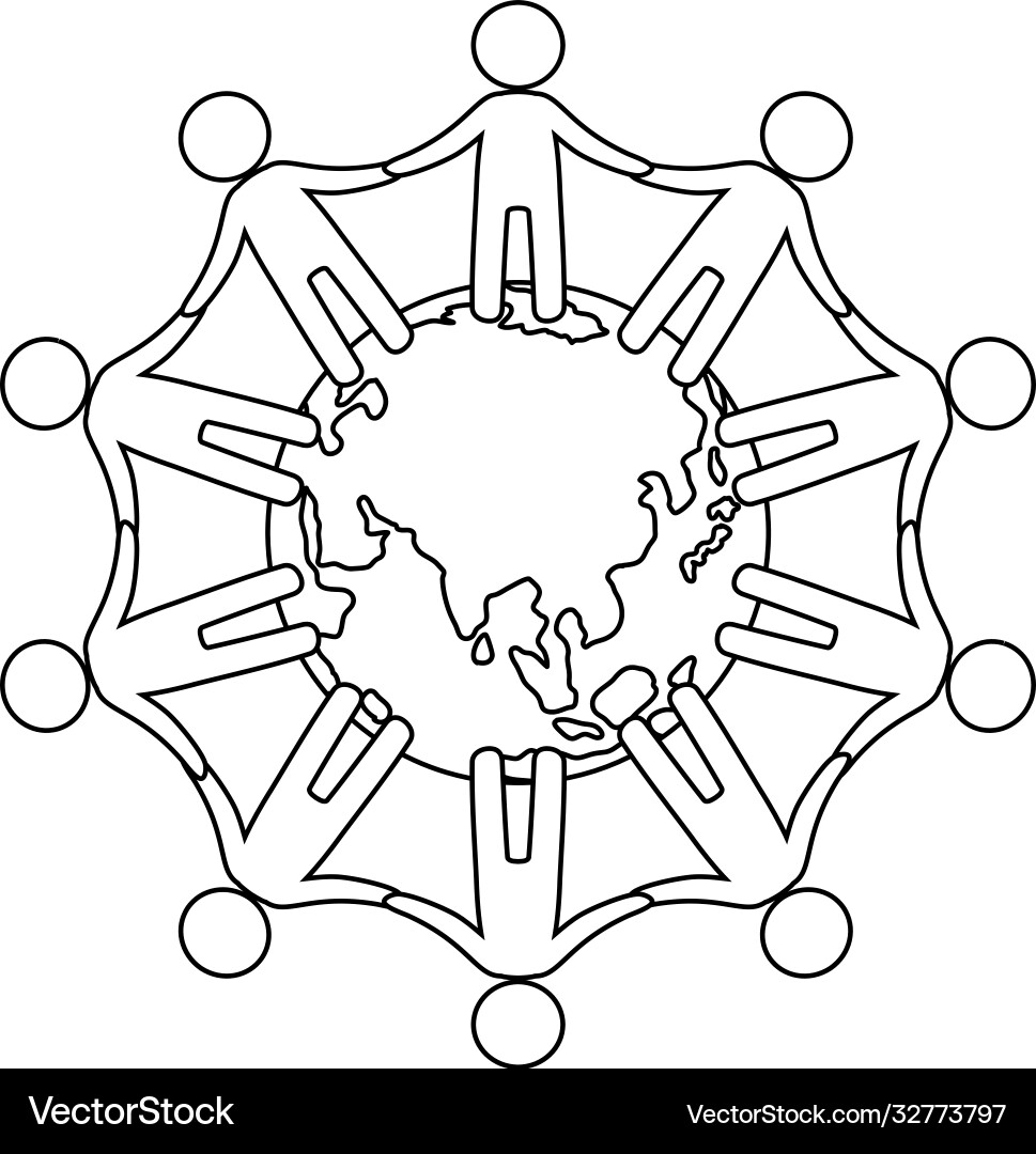 People different races around earth outline Vector Image