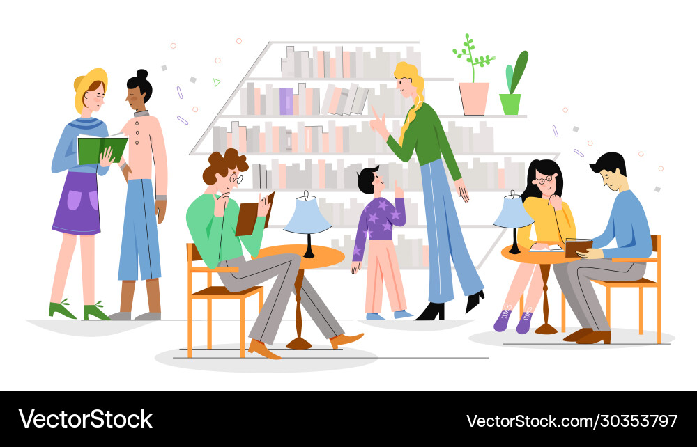 People in traditional library character flat line Vector Image