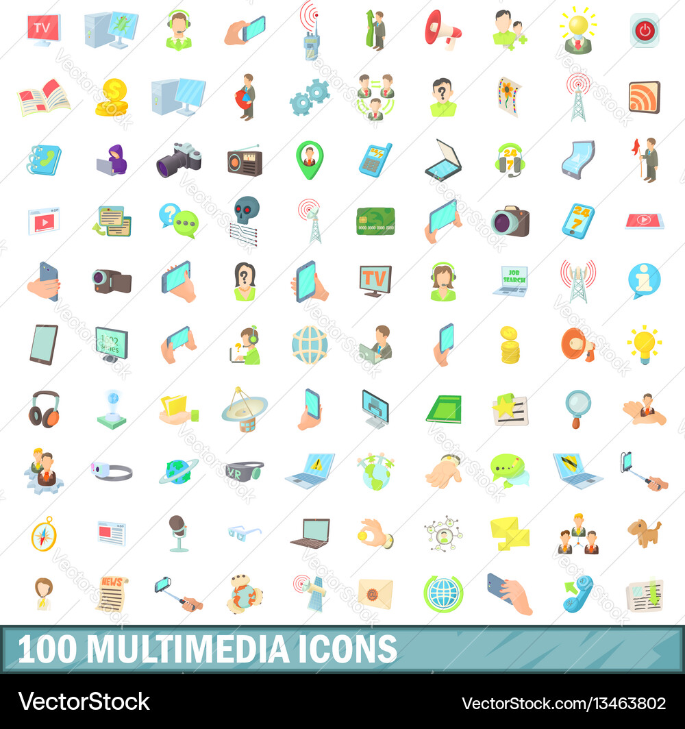 100 multimedia icons set cartoon style Royalty Free Vector