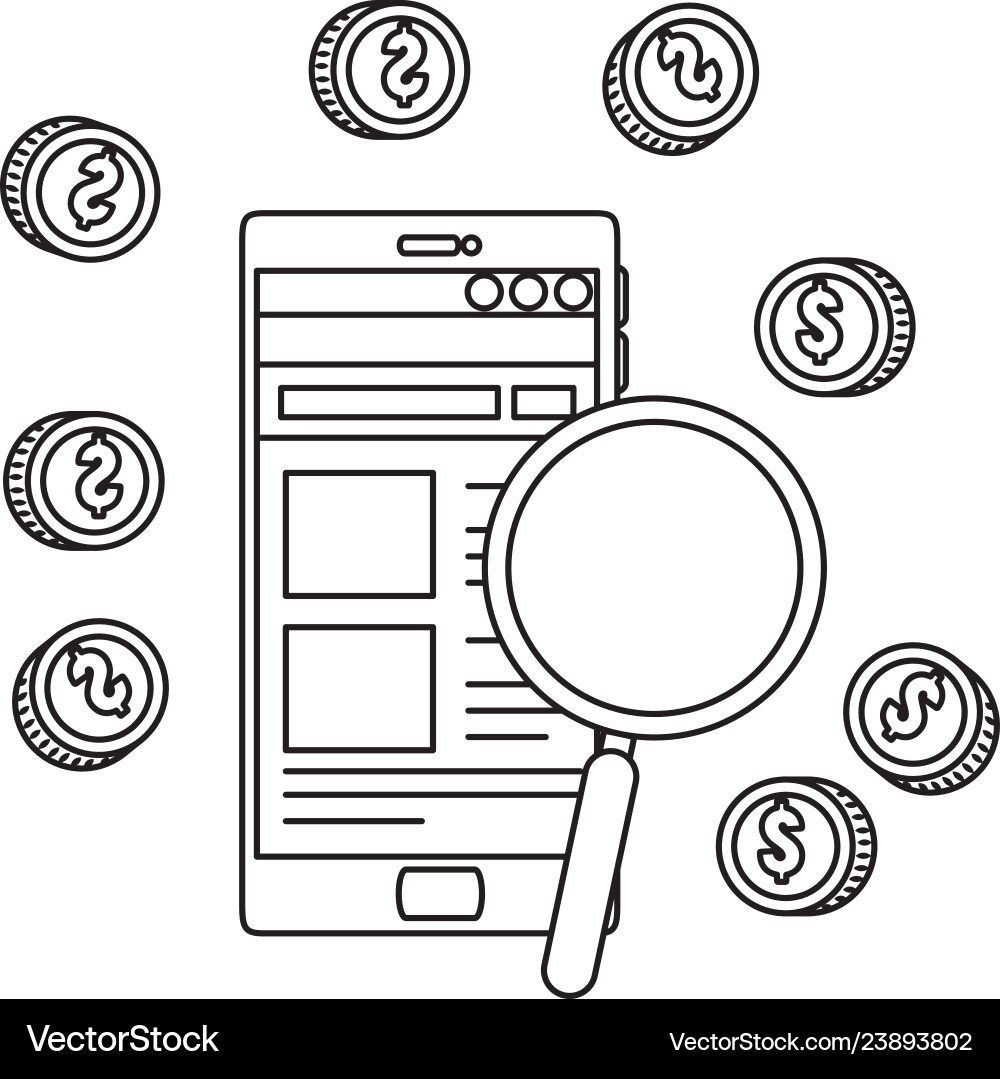 Smartphone with coins and magnifying glass Vector Image