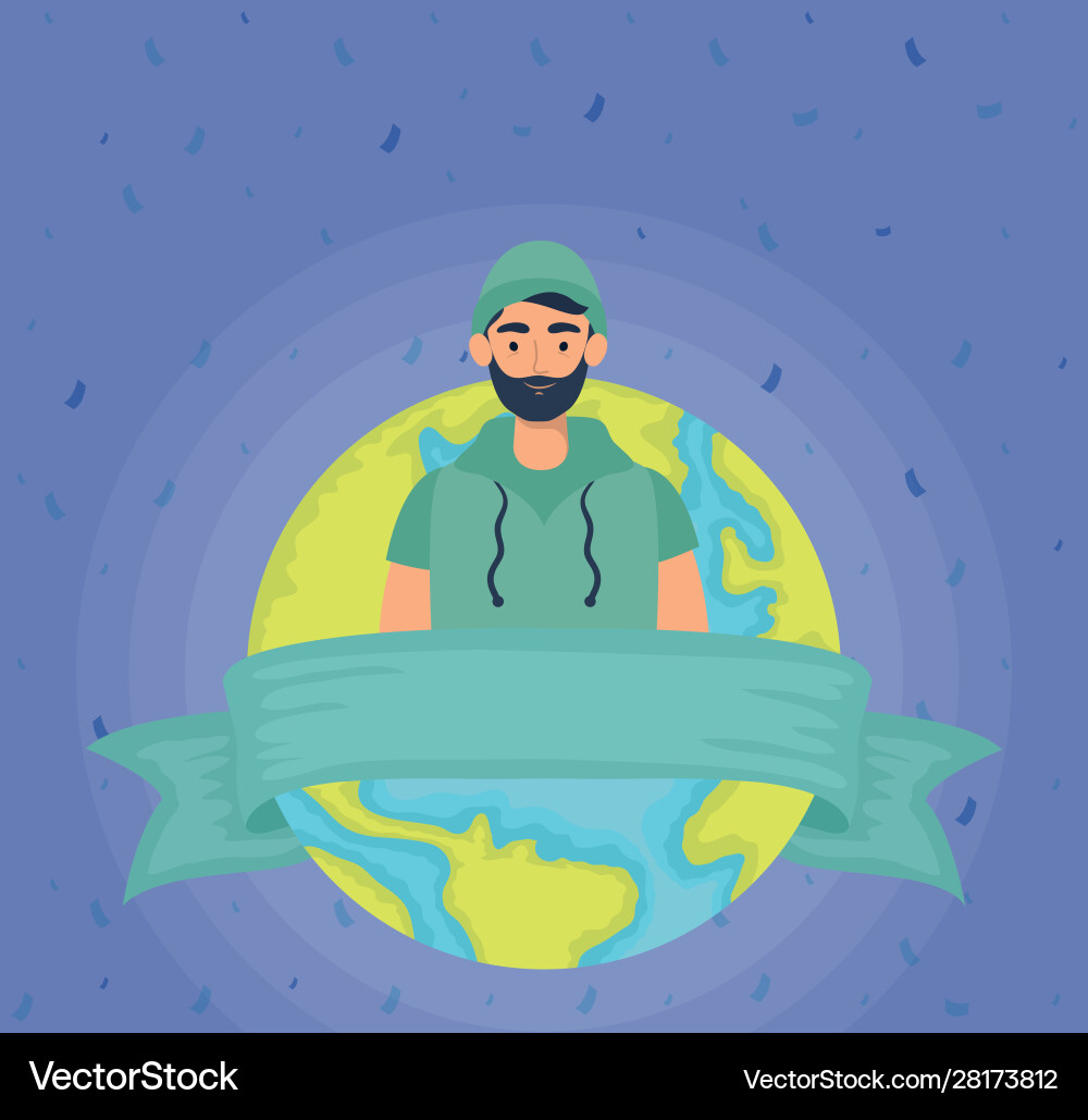 Young man with world planet character Royalty Free Vector