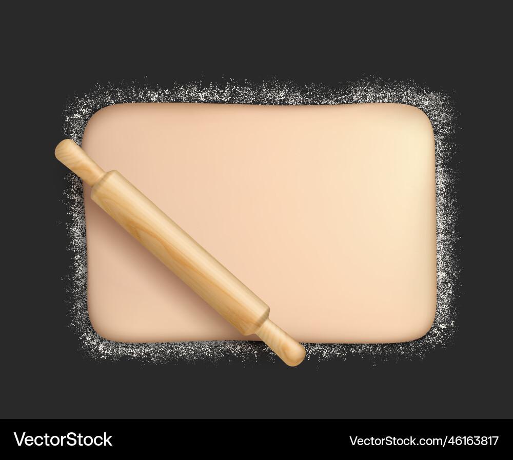 Realistic bakery dough with wooden rolling pin Vector Image