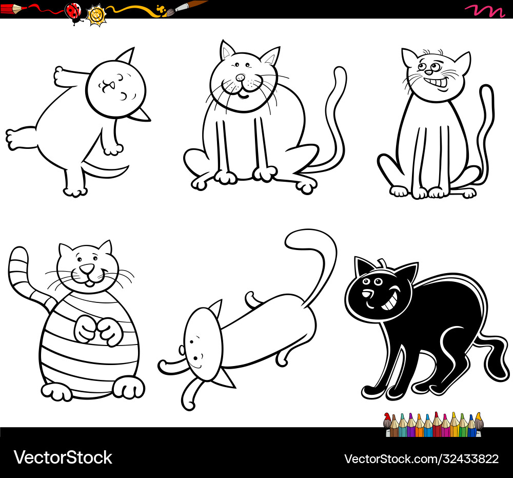 Funny cat characters set coloring book page Vector Image