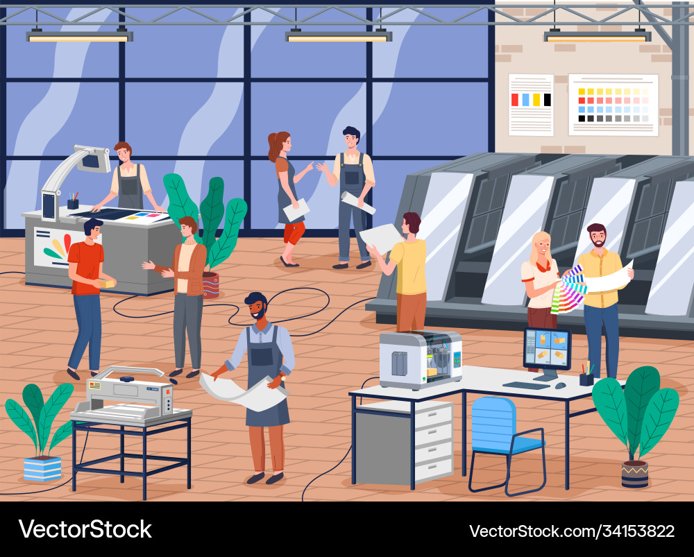 Industrial polygraphy print house with man and Vector Image