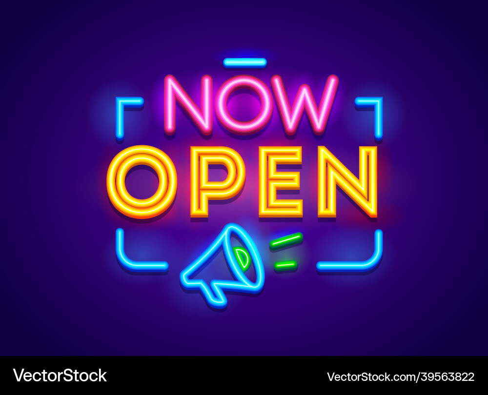 Now open typography glowing neon banner isolated Vector Image