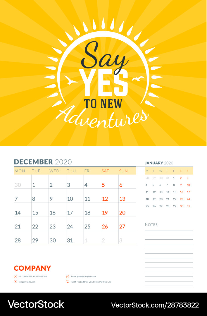 Wall calendar template for december 2020 design Vector Image