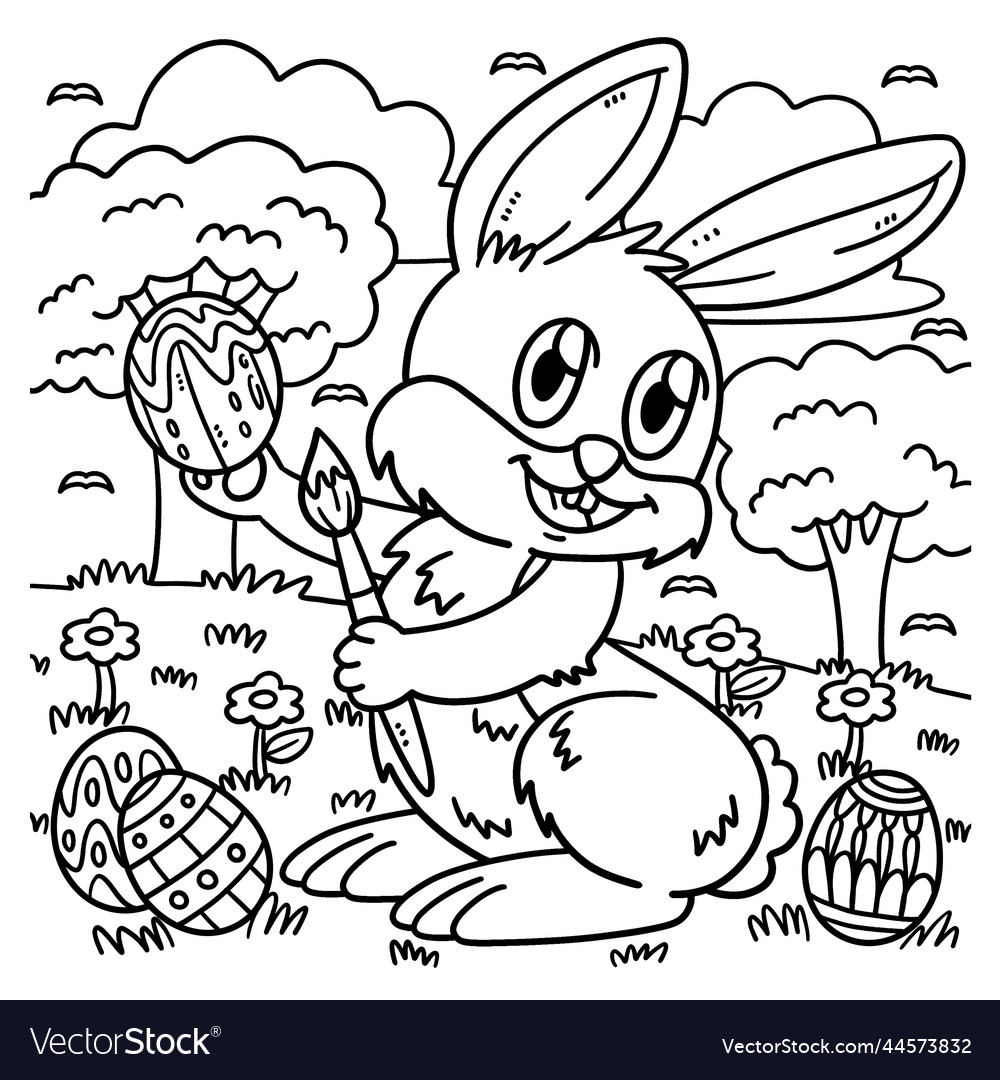 Bunny painting easter egg coloring page for kids Vector Image