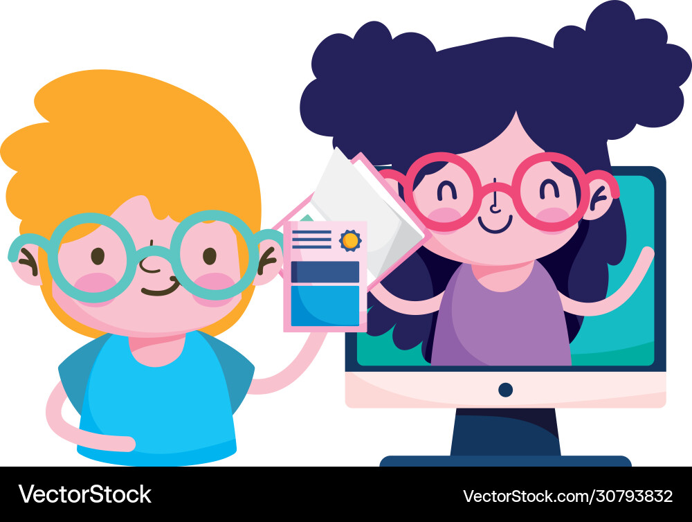 Girl and boy kid with diplom computer Royalty Free Vector