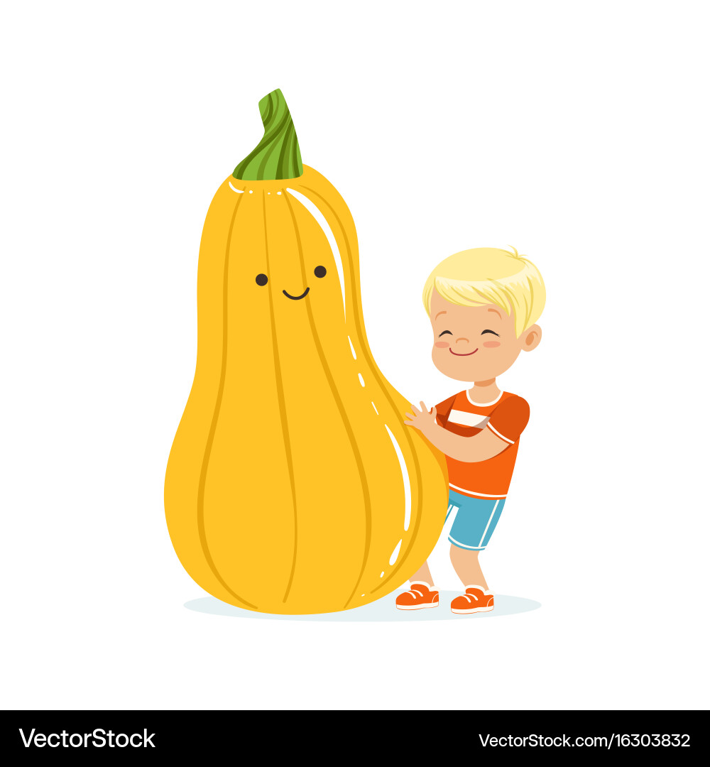 Happy boy having fun with fresh smiling zucchini Vector Image