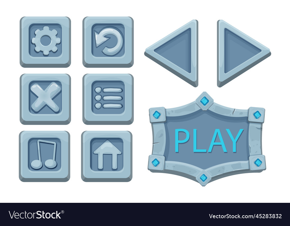 Set Menu Ui Buttons On Stone Block In Comic Vector Image