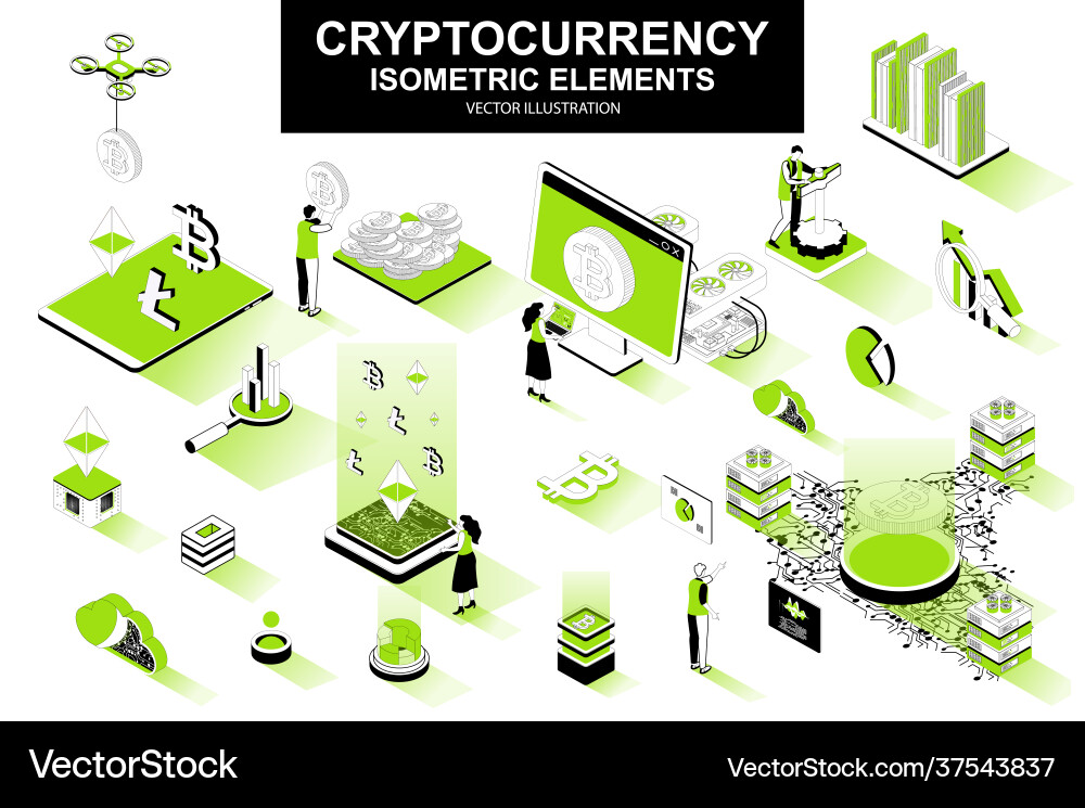 Cryptocurrency bundle isometric elements Vector Image