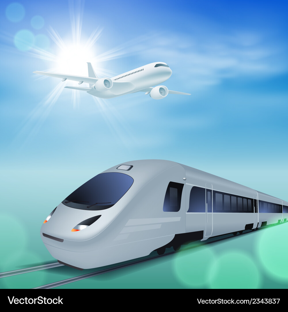 High-speed train and airplane in the sky Vector Image